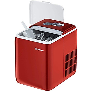 Ice Maker Countertop, Automatic Electric Ice Maker Machine w/Self-Cleaning Function, Portable Ice Machine with Ice Scoop and Basket (Red)