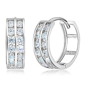 14k REAL White Gold 5mm Thickness CZ Channel Set Hoop Huggie Earrings (15 x 15 mm)