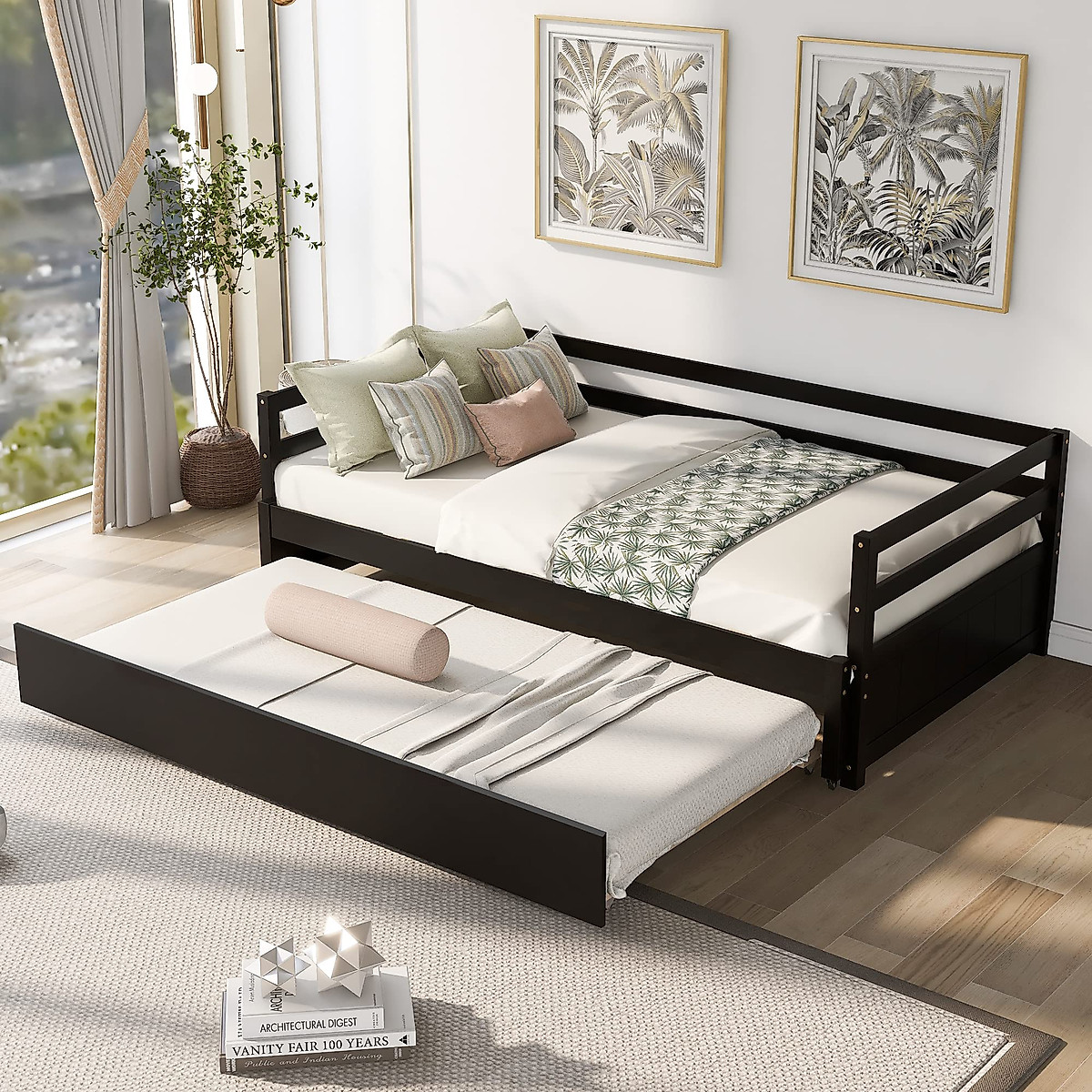 Bellemave Twin Daybed with Trundle, Espresso, Wood Extendable Day Bed Frame, Modern Furniture for Girls Boys Teens