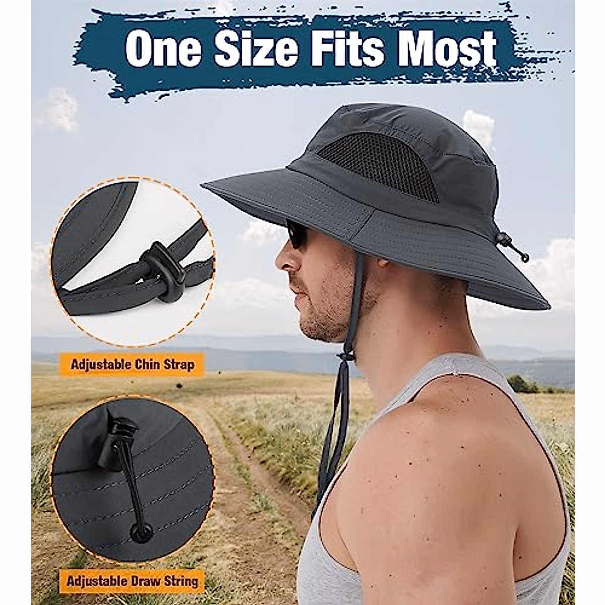 Wmcaps Sun Hats for Men Women, UPF 50+ Wide Brim Waterproof Boonie Bucket Hat for Fishing, Hiking, Garden, Safari, Outdoor Dark Grey