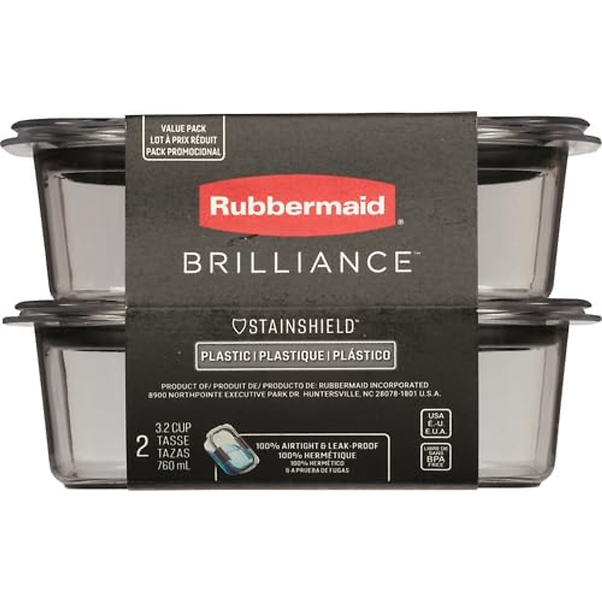 Rubbermaid Brilliance Food Storage Container, Medium, 3.2 Cup, Clear, 2-Pack (2025333)