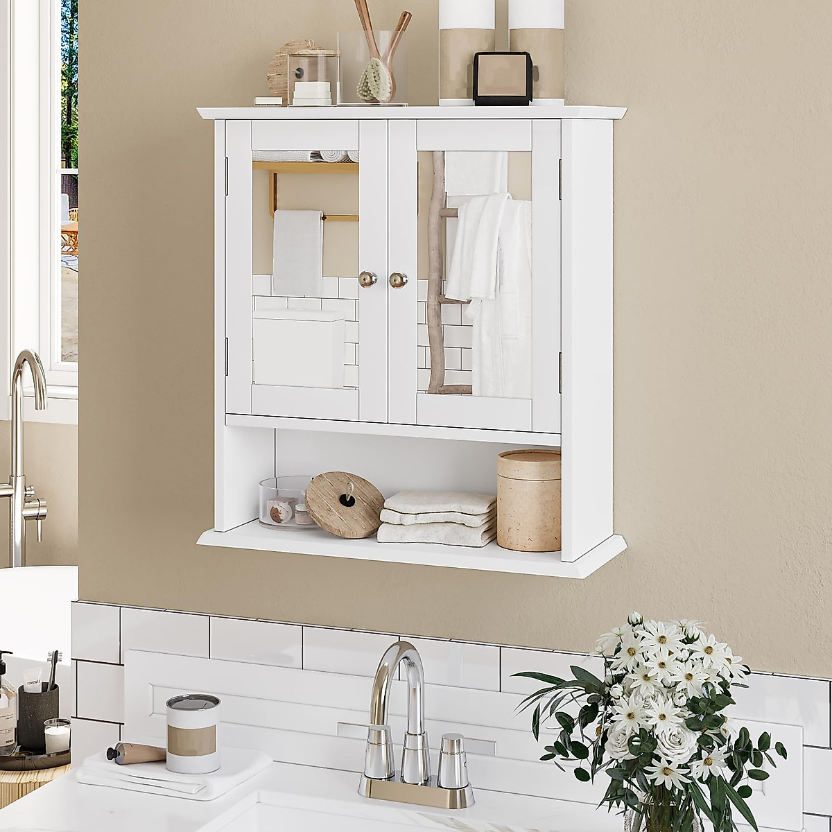 Mino Kesper Bathroom Wall Cabinet with Mirror, White Bathroom Cabinet with 2 Doors and Adjustable Shelf, Wall Mounted, 21.5" W x 7.8" D x 23.6" H