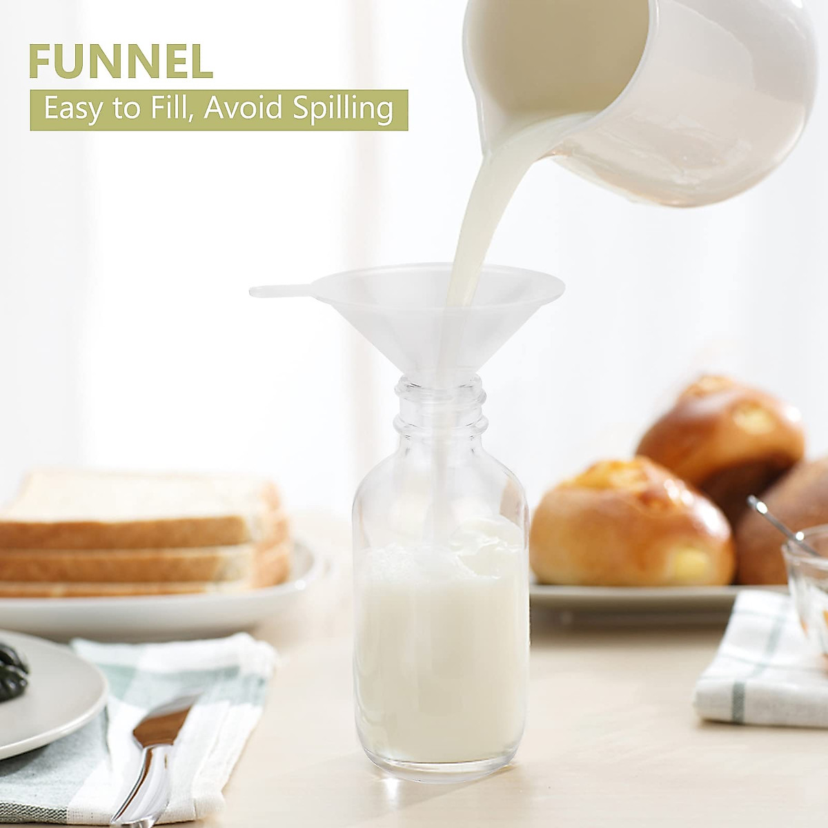 Rionisor 2OZ Small Glass Bottles with Lids and Funnels, 60ml Boston Round Glass Bottles, Perfect for Diy Essential Oils, Perfumes, Whiskey and Juices, 6 Pack Clear