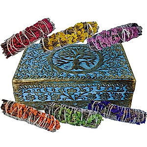 Spiritual Décor Gifts Set - Carved Tree of Life Wooden Box & Bracelet, 3 Flower Sage Sticks & More! Ritual Supplies Storage Set, Cleansing, Smudging, Tarot Card Holder (Tree of Life Spiritual Set)
