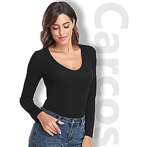 CARCOS Women's Casual Tops Sexy V Neck Long Sleeve Pullover Underwear Tee Slim Fit Basic Shirts Black L