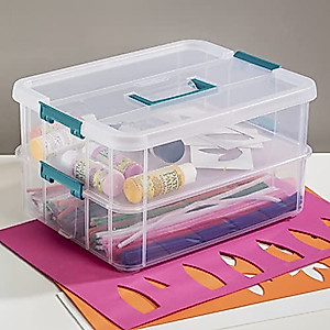 Sterilite 1427CLR Stack & Carry - 2 Layer Box, Clear Lid & Blue Handle, See-through layers