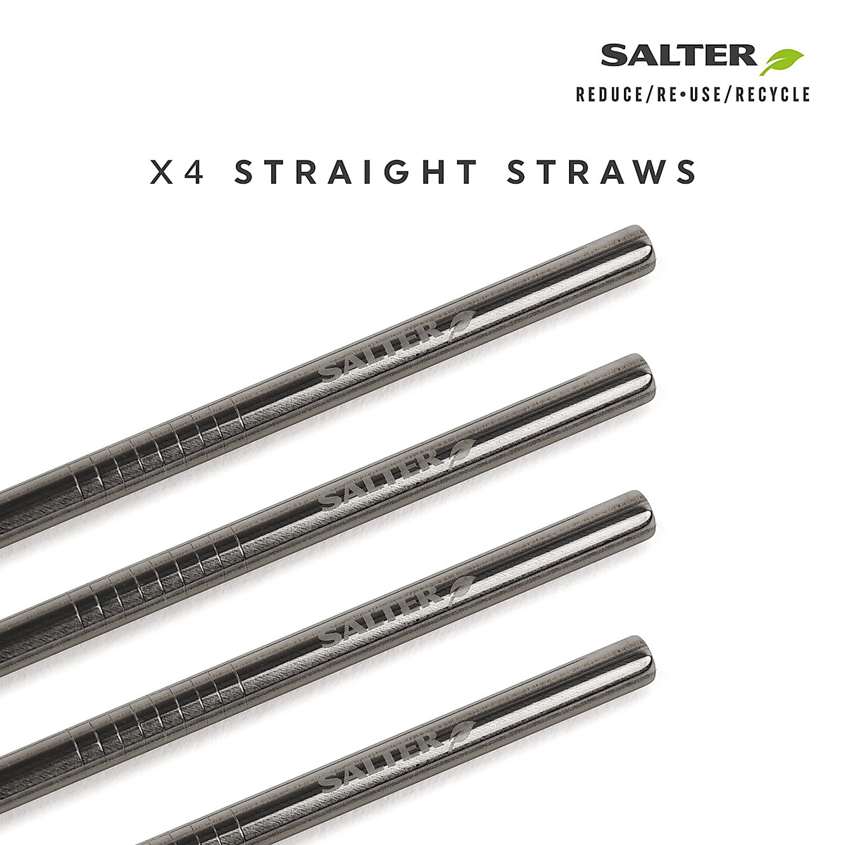 Salter 302 SSXR Eco Reusable Metal Drinking Straws, Curved and Straight Design, Set of 8, Includes a Sisal Fibre Cleaning Brush and Drawstring Bag, Perfect for a Night Out or Picnic, Stainless Steel