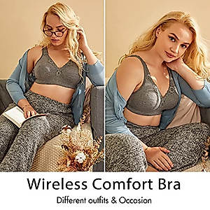DELIMIRA Women's Wireless Plus Size Full Coverage Lace Bra Cotton Unlined Comfortable Charcoal Heather 48DD