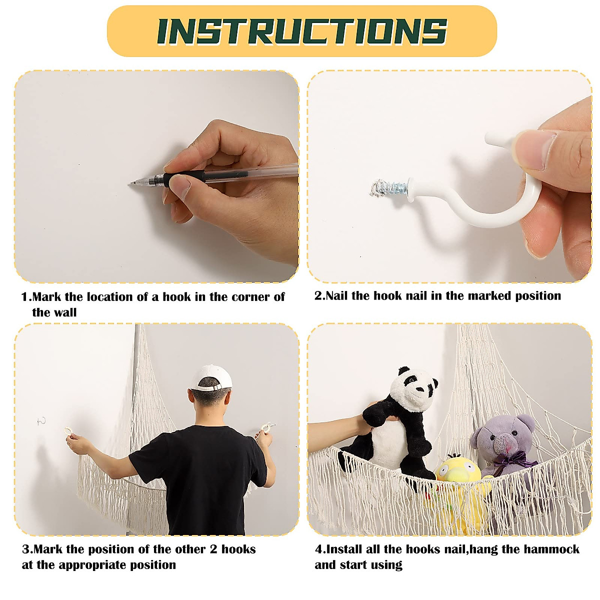 63" x 63" x 51.2" Boho Stuffed Animal Toy Hammock Macrame Large Corner Mesh Toy Storage Hanging Wall Toys Organizer with Light for Bedroom Decor