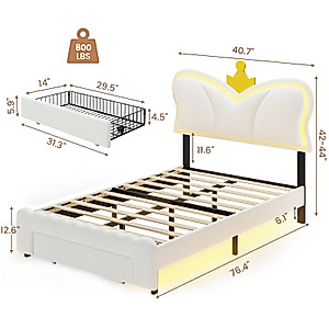 VIAGDO Twin Bed Frames with LED Lights and Storage Drawer, Upholstered Bed Frame Twin Size with Height Adjustable Crown Headboard, Type C and USB Charging Ports, No Box Spring Needed, White