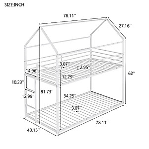 LostCat Twin Over Twin Metal Bunk Bed, House Low Bunk Bed Frame w/Safety Guardrail & Ladder, No Box Spring Needed, SEasy to Install, for Kids, Teens, Girls, Boys, White