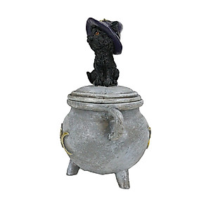 Pacific Giftware Black Cat with Witch Hat Sitting on Cauldron Box, Polyresin Jewelry or Coin Holder, 3.93 Inches x 3.14 Inches x 5.5 Inches