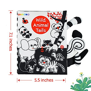OKOOKO Soft Baby Book Black and White High Contrast Animals Tails Book Bath Book Montessori Sensory Stroller Toy Non-Toxic Crinkle Washable Early Education for Baby Infant Toddler