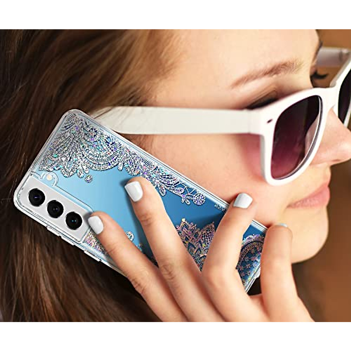 Coolwee Clear Glitter for Galaxy S22, 6.1 inch, Thin Flower Slim Cute Crystal Lace Bling Shiny for Women Girls Floral Plastic Hard Back Soft TPU Bumper Protective Cover for Samsung S22 Mandala Henna