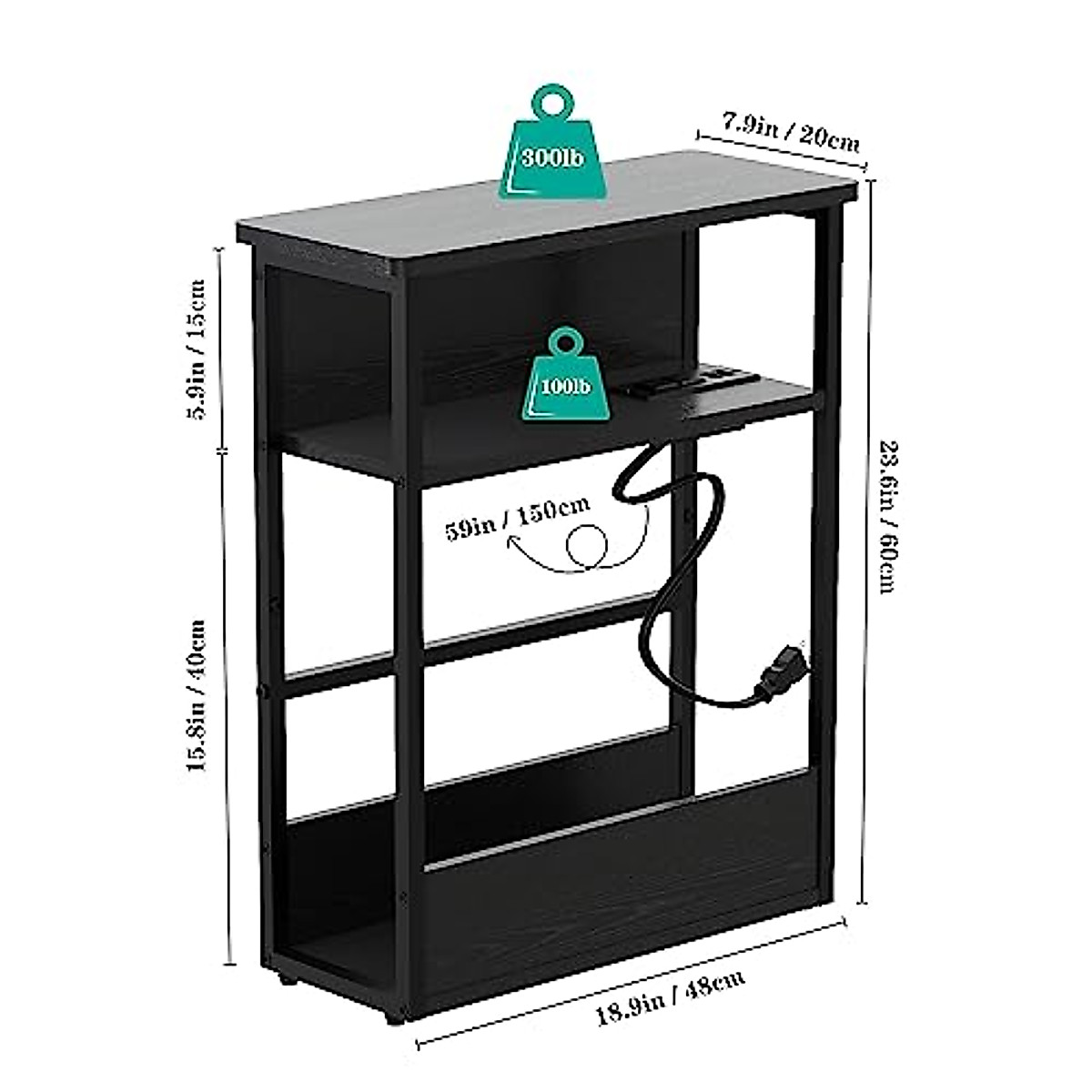GGWEW Narrow Side Table with Charging Station, 3 Tier Slim End Table for Small Spaces, 23.6 Inch Height Thin Tables with Storage Shelf and Magazine Rack for Living Room, Black