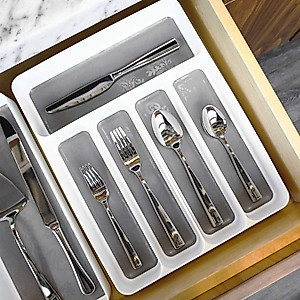 madesmart Soft 5 Compartment Silverware Tray, Damask-White Organizer, Small