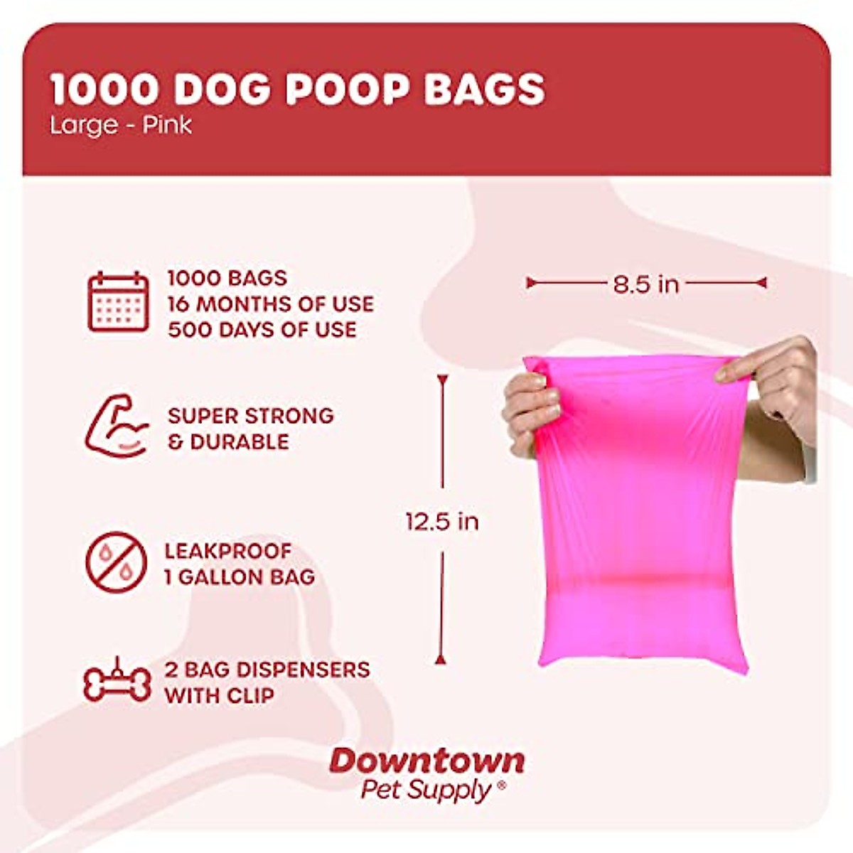Downtown Pet Supply Dog Poop Bags (1000 CT - Pink Bags & 2 Dispensers) Waste Bag Dispenser Clips to Dog Leashes Bags & Dog Harnesses- Poop Scoop Bags are Leak-Proof Bags & Unscented
