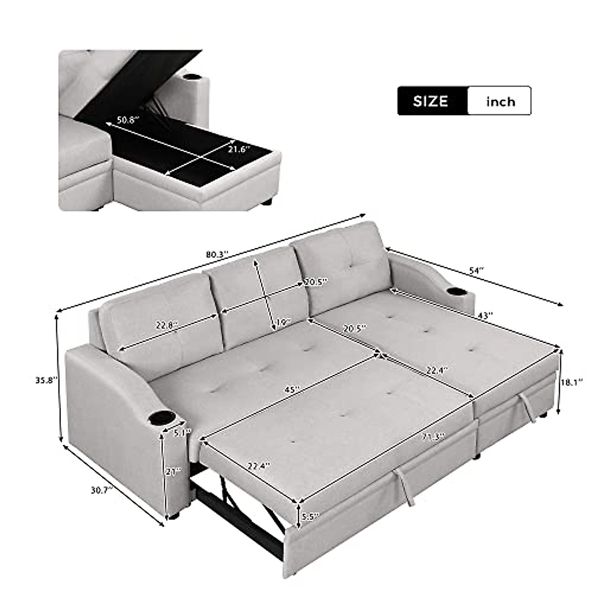 Verfur L Shaped Sectional Sofa with Pull Out Bed, Modern Button Tufted Convertible Sleeper Couch, Linen Fabric Upholstered 3 Seater Corner Sofa&Couch with Reversible Storage Chaise and Cup Holder