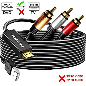 RCA to HDMI Cable 10FT with IC, 3-RCA AV to HDMI Male Cable Video Audio Component Converter Adapter 1080P Cable for TV HDTV DVD