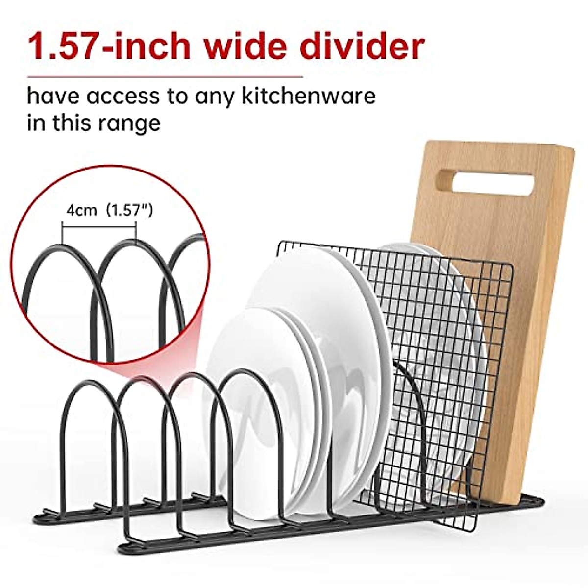 JAQ Pot Lid Rack Organizer, 13.5'' Kitchenware Dividers Holder for Plates, Pans, Cutting Boards, Muffin Tins, Baking Sheets in Cabinets Shelf Countertop Pantry ( Black, 8-Slot)