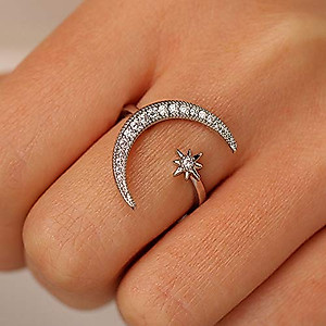 FUTIMELY Moon Crescent Star Ring for Women Adjustable Moon Sun CZ Statement Ring Dainty Crystal Crescent Finger Ring (Silver)