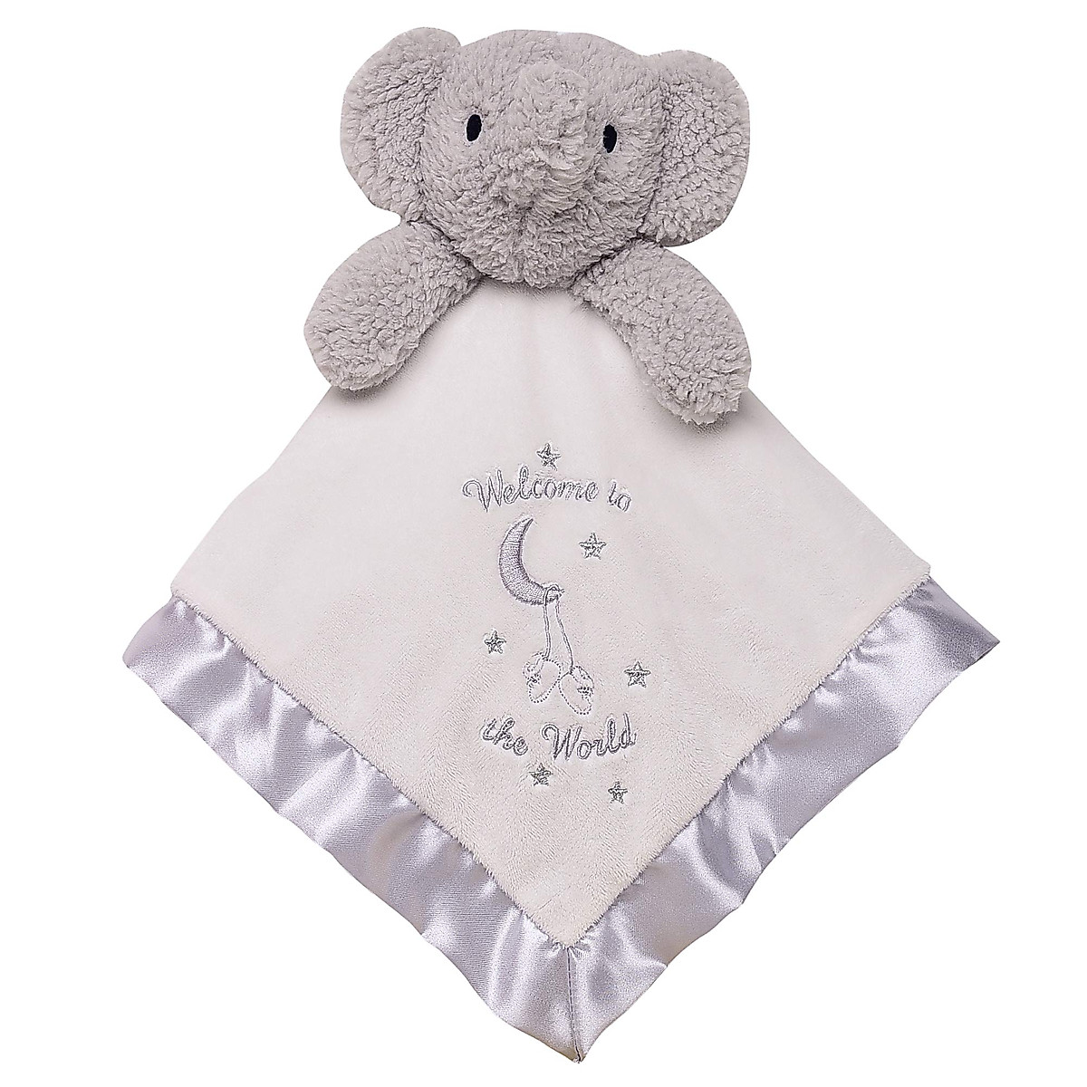 SHAKLAK Plush Rattle Baby Snuggle Blanket with Embroidery and Satin, White and Grey Elephant