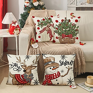 LITIVY Christmas Decor Pillow Covers Set of 4 Decorative Throw Pillowcase for Winter Xmas Holiday Home Decor for Sofa Couch (Christmas Tree Snowman Gloves Deer) (18"x18", Red)