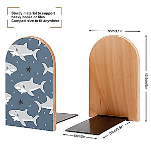 Funny Baby Sharks Wood Book Ends for Shelves Non-Skid Bookend Book Stand Book Holder Stopper for Home Office School