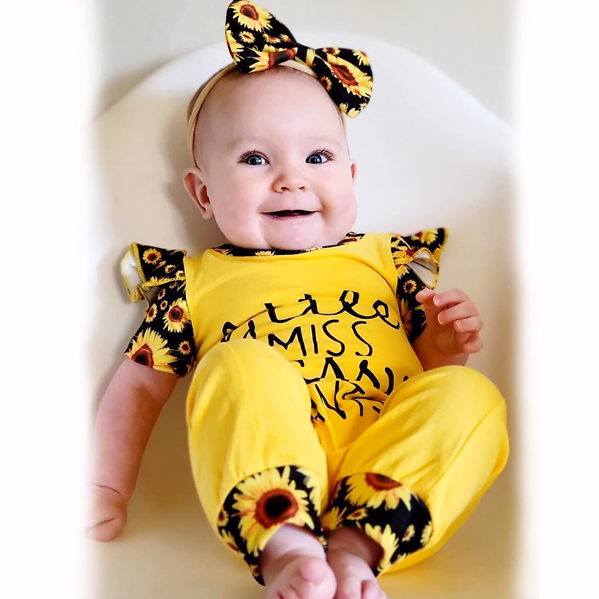 HINTINA Preemie Premature Baby Girl Sunflower Floral Romper Little Miss Sassy Pants Jumpsuit Outfits Spring Summer Clothes Set Yellow