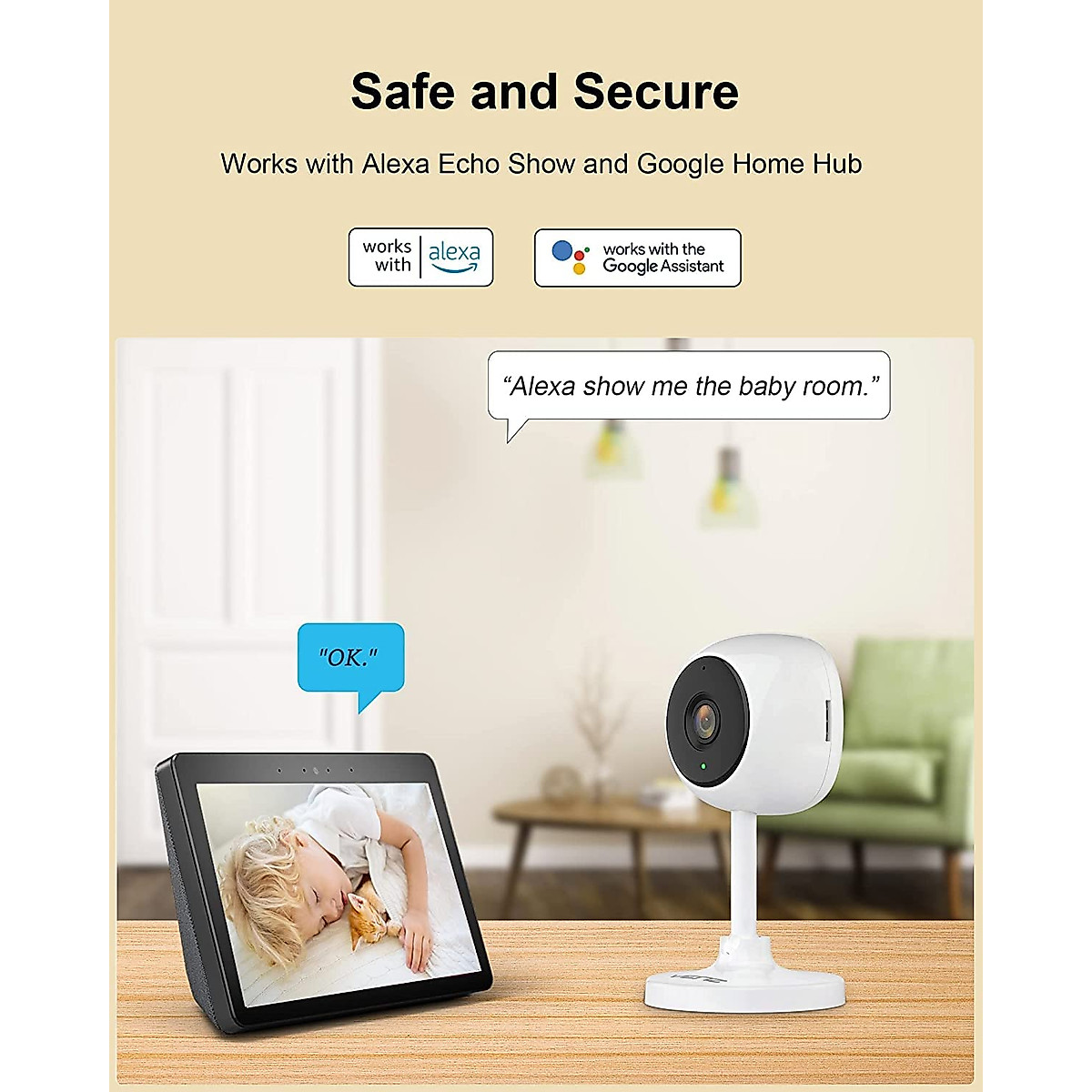 VENZ 2pcs Indoor Security Camera,1080P HD Plug-in WiFi Home Camera for Baby/Dog/Cat/Pet with Phone App,2 Way Audio,Motion Detection,Night Vision,Compatible with Alexa & Google