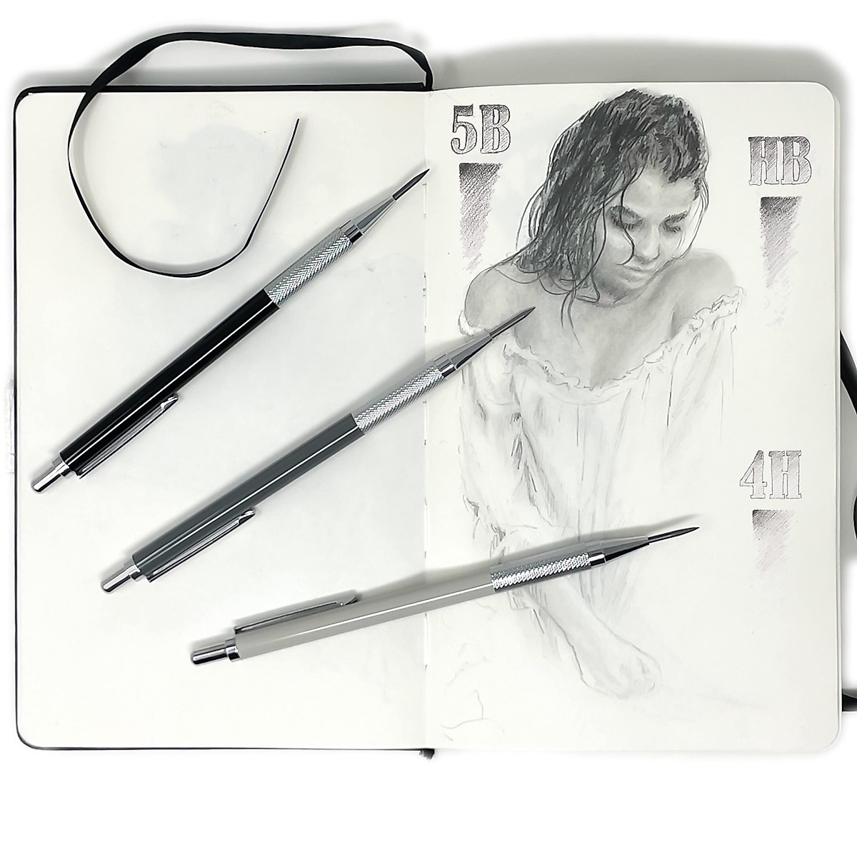 Premium Metal Drawing Mechanical Pencils for Sketching in Leather Pencil Case, 2mm Lead Refills, Kneaded Eraser for Artists, Designers and Drafting