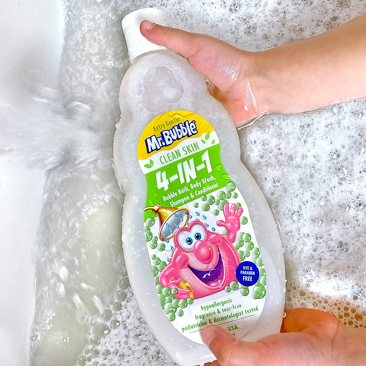 Mr. Bubble Kids Extra Gentle 4-in-1 - Body Wash, Shampoo, Conditioner, and Bubble Bath - Hypoallergenic, Non-Scented, Dye Free, No Tear Formula, Perfect for Sensitive Skin (4 Bottles, 16 fl oz each)