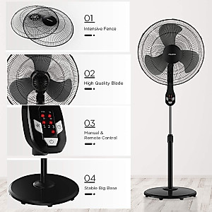 PELONIS 18" Quiet Oscillating Pedestal Fan with LED Display, Remote Control, 3 Speeds and Modes, 7.5h Programmed Timer for Home and Office, Glossy Black