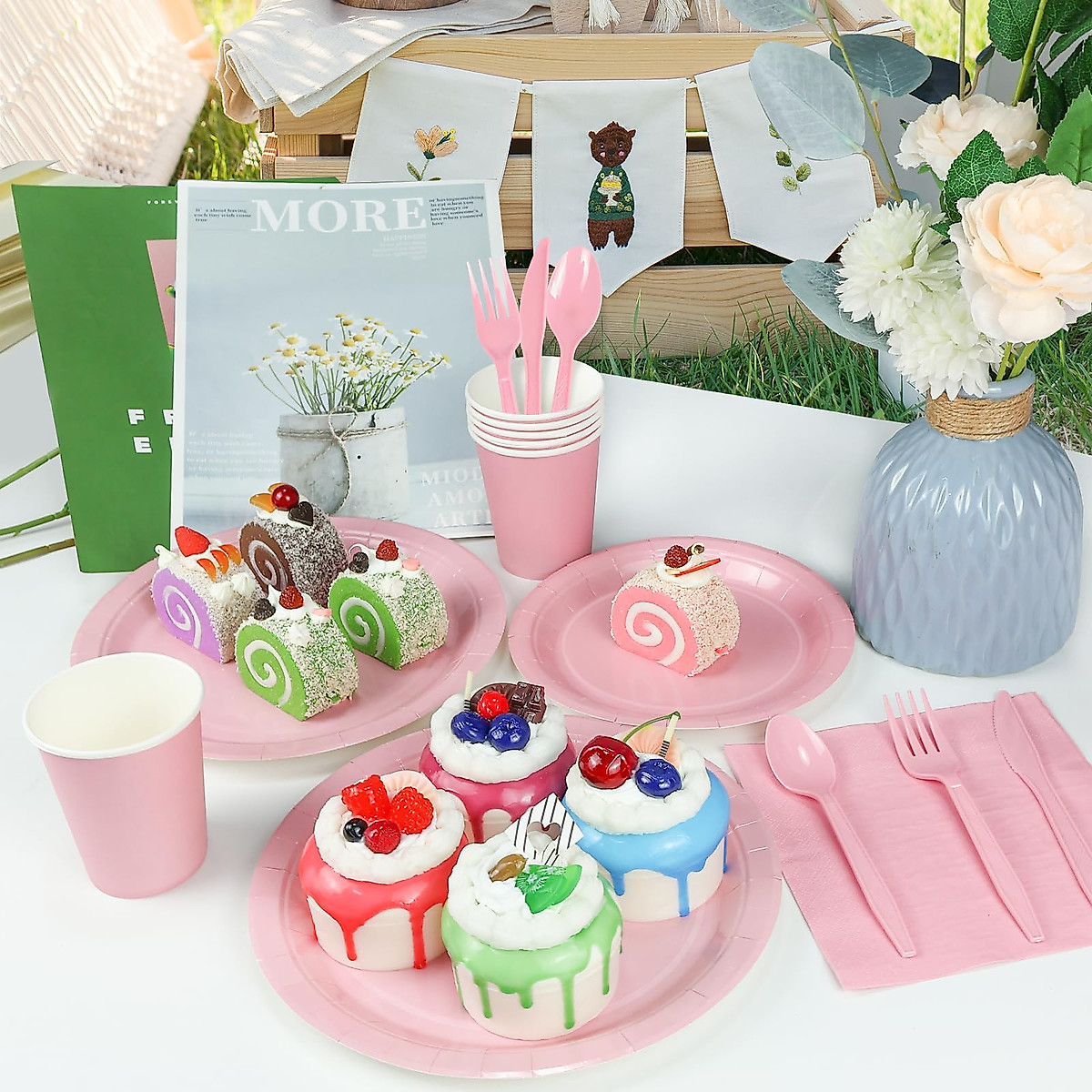 WNINK 168PCS Light Pink Paper Plates and Napkins,Pink Disposable Plates Set with Pink Utensils,Pink Party Decorations for Baby Shower Gender Reveal Women Birthday Party Supplies Serve 24 Guests