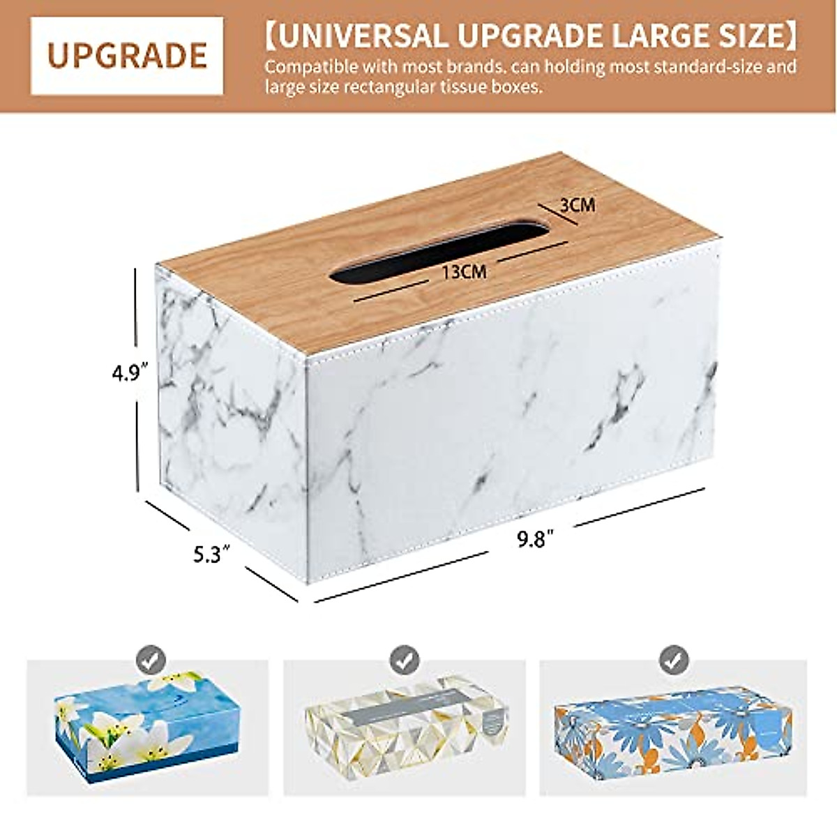 Tissue Box Cover Rectangular, PU Leather Tissue Box Holder,Elegant Stitching Style Universal Tissue Holder Case for Home Office Desk Bathroom Vanity Countertop, Night Stand Decoration