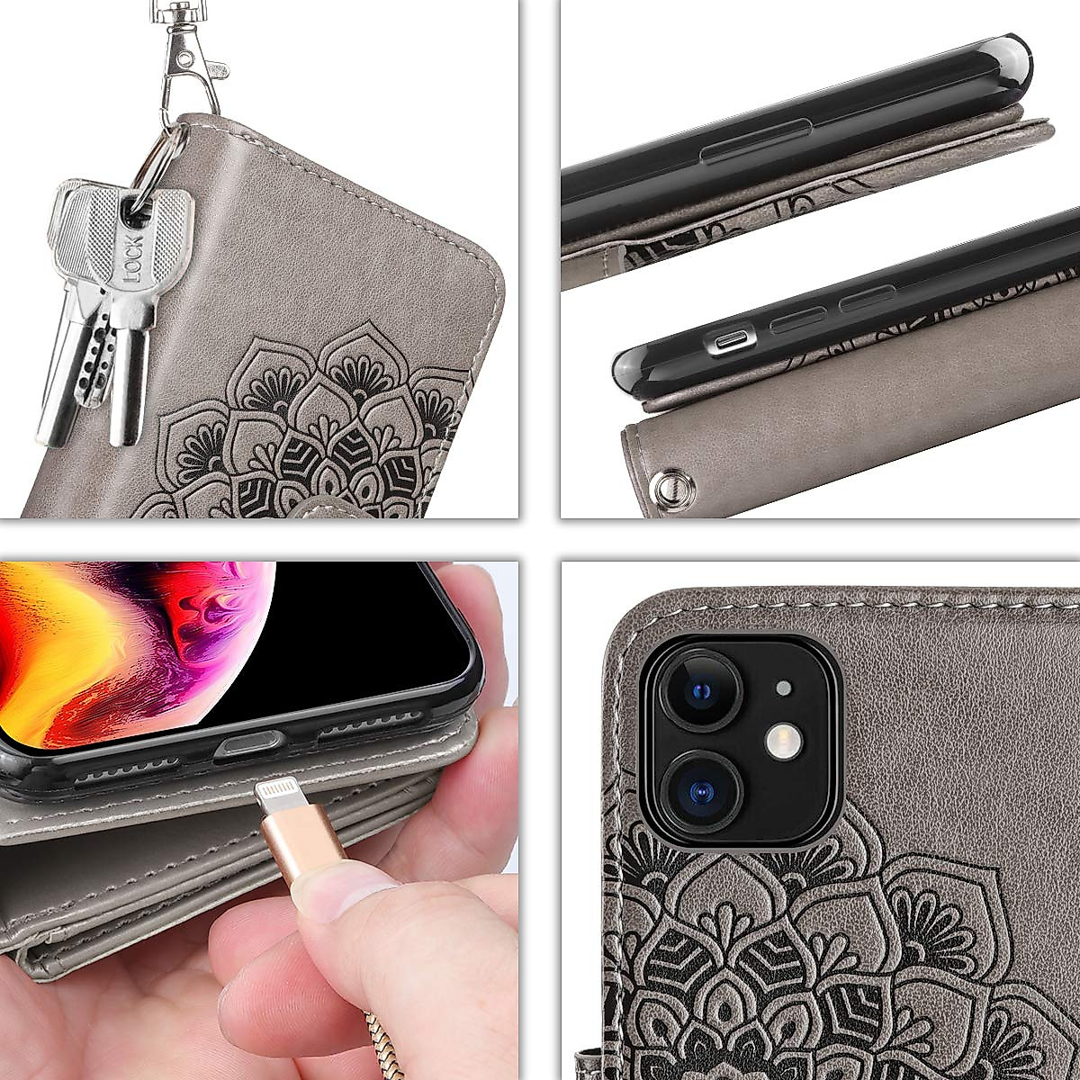 Vofolen 2-in-1 Case for iPhone 11 Case Wallet Credit Card Holder ID Slot Detachable Hybrid Protective Slim Hard Shell Magnetic PU Leather Folio Pocket Flip Cover for iPhone 11 6.1 inch Mandala Grey