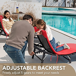 Devoko Patio Chaise Lounge Sets Outdoor Rattan Adjustable Back 3 Pieces Cushioned Patio Folding Chaise Lounge with Folding Table (Red)