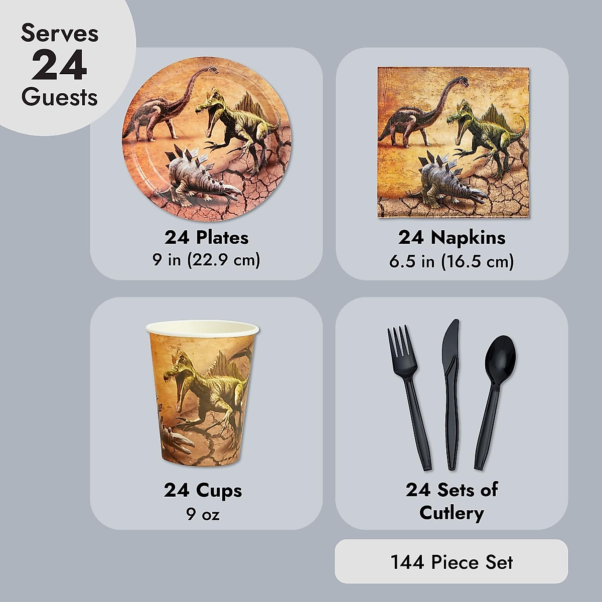 Juvale 144 Piece Jurassic Dinosaur Birthday Party Supplies with Dino Plates, Knives, Spoons, Forks, Cups, and Napkins (Serves 24)