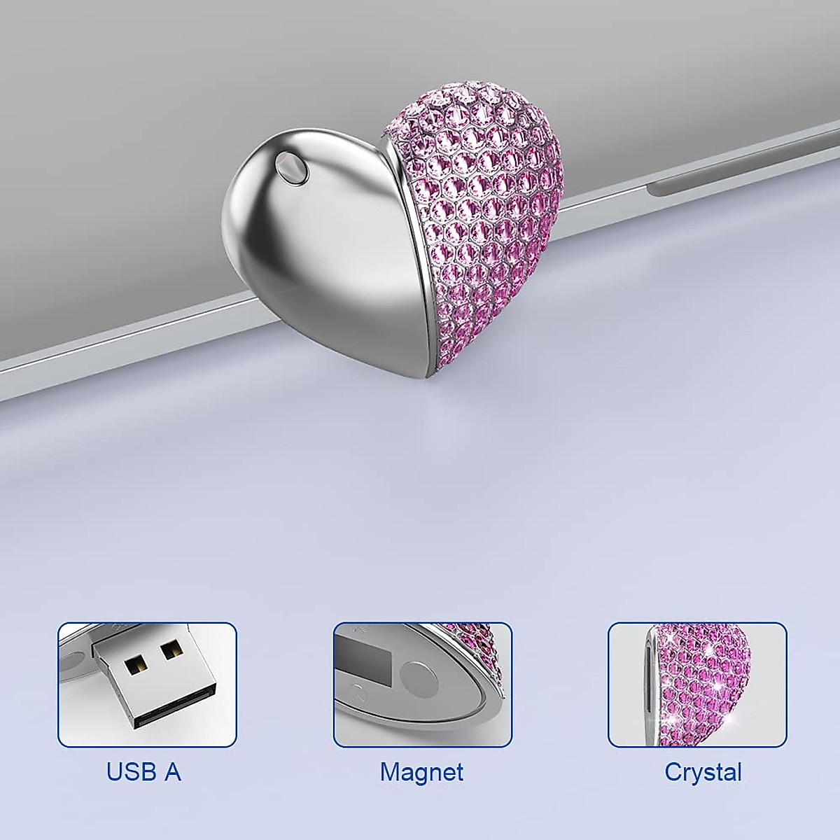 RAOYI 64GB Heart Shape USB 2.0 Flash Drive Crystal Memory Stick Thumb Drive Pen Drive Jump Drive Jewelry Pendant Necklace with Key Chain-Pink