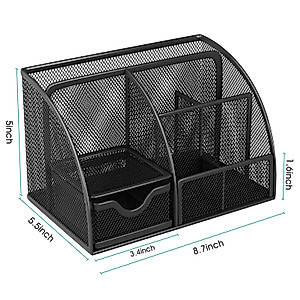 MaxGear Mesh Desk Organizer Office Desktop Organizer with Drawer, Metal Stationary Organizer Black Desk Caddy, 6 Compartments, 8.7 x 5.5 x 5 inch, 1 Pack