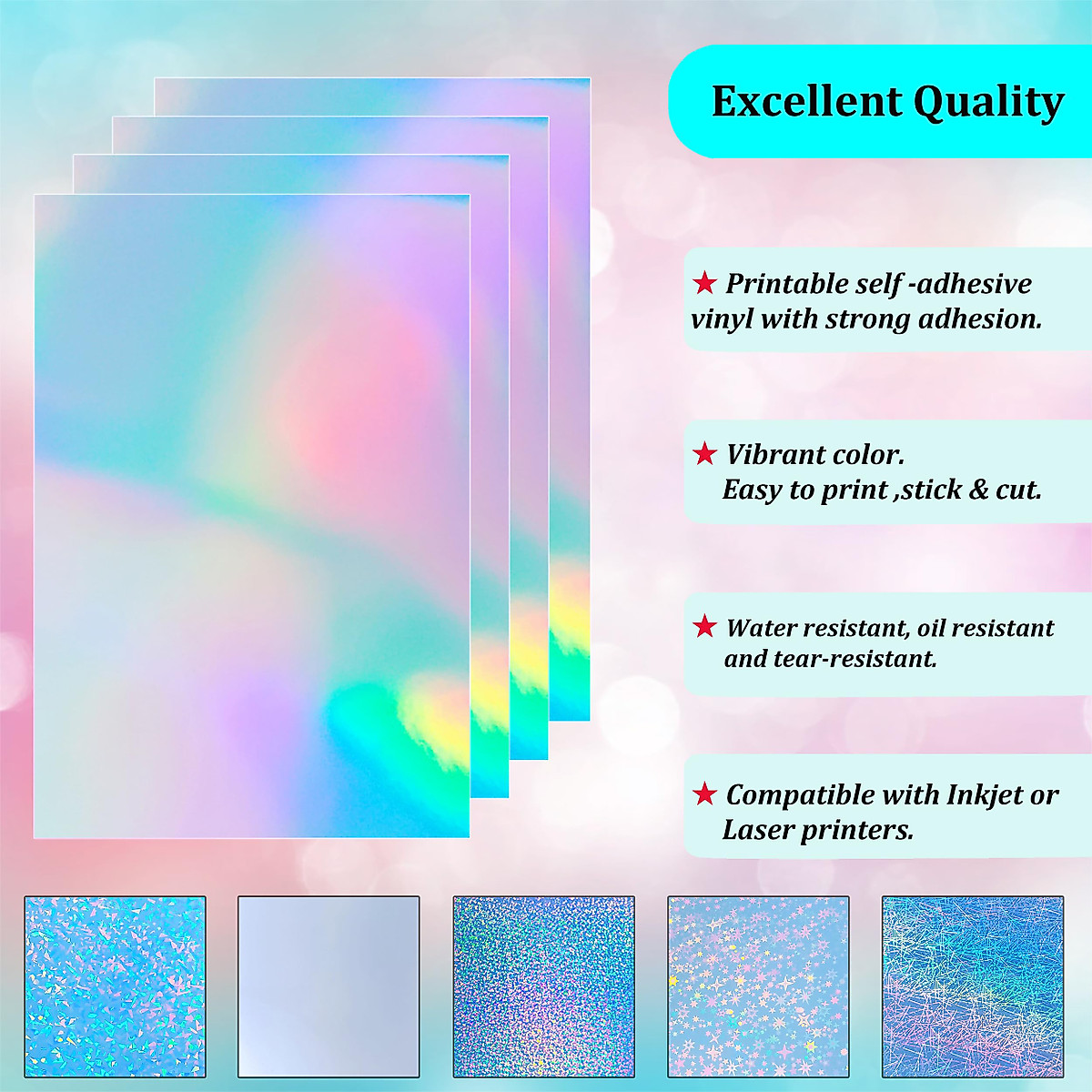 Bleidruck 24 Sheets Printable Holographic Sticker Paper 8.5x 11 inch Vinyl Sticker Paper Rainbow Waterproof Sticker Labels 6 Mixed Style for Inkjet or Laser Printer