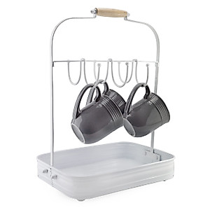 AuldHome Enamelware Coffee Mug Rack, Countertop Style White Rustic Distressed Cup Hanging Stand with Tray