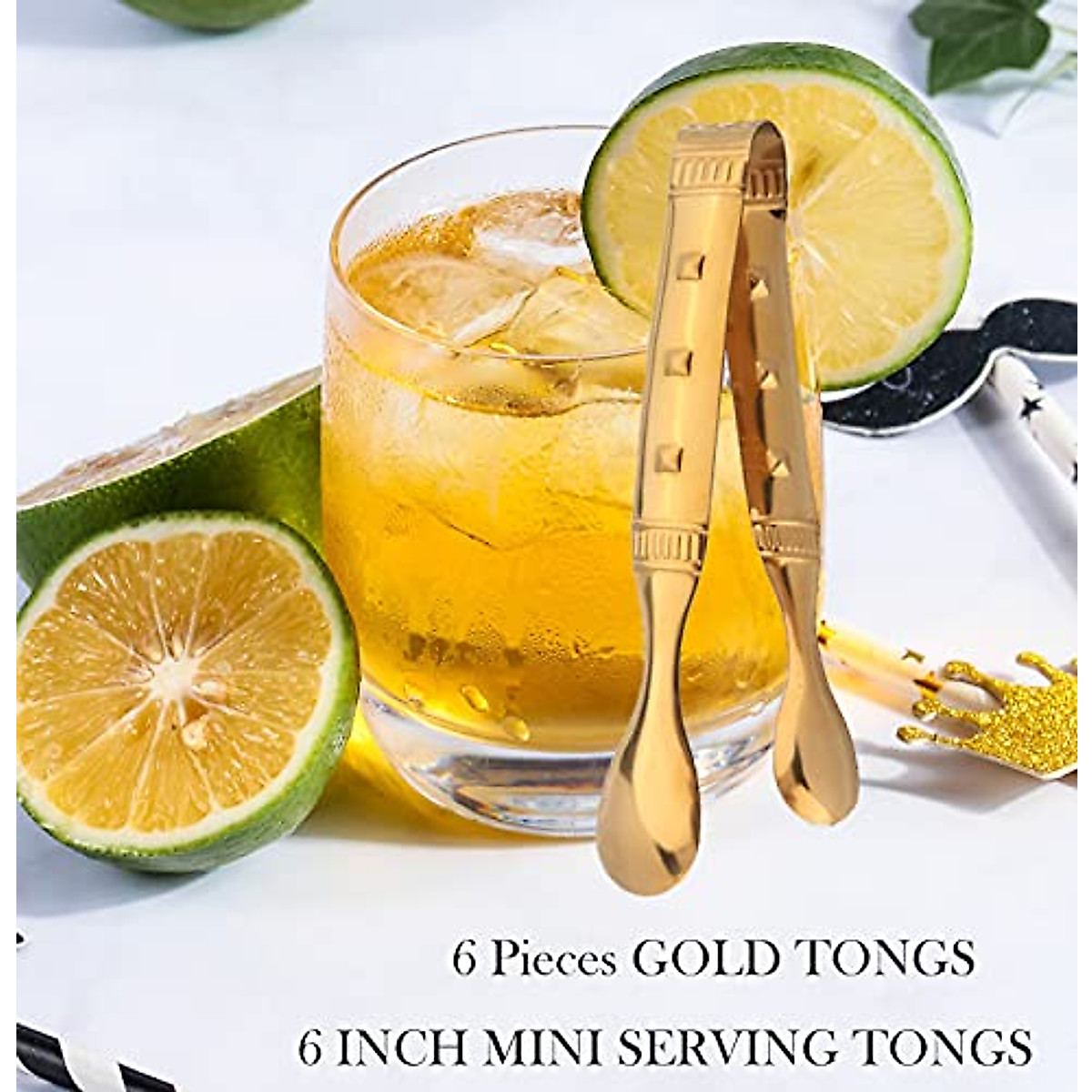 IAXSEE 6-Pieces 6 Inch Gold Tongs Mini Tongs for Appetizers, Gold Serving Utensils Small Tongs for Serving Appetizers Ice Tongs Sugar Tongs