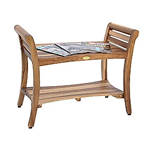 EcoDecors Symmetry Shower Bench Natural Teak Wood Shower Bench with Shelf and LiftAide Arms 30" Long Wood Shower Stool in EarthyTeak Finish for Indoors and Outdoors