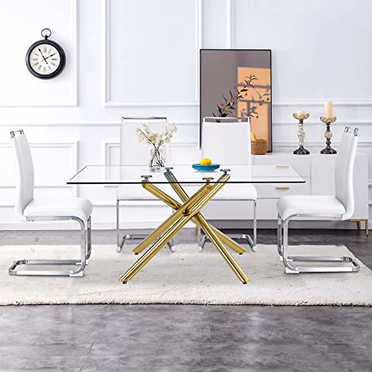 63 Inch Glass Dining Table,4-6 Person Home Dining Table Large Size Kitchen and Dining Room Table with Tempered Glass top and Gold Metal Legs, Modern Rectangular Dining Table (Gold Legs