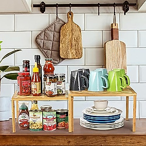 Hacaroa 2 Pack Stackable Bamboo Shelf, Expandable Cabinet Shelf Organizers, Sturdy Kitchen Counter Shelves, Stacking Shelves for Pantry, Countertop, Bathroom, 2 Size