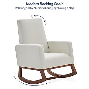 BELLEZE Modern Rocking Chair, Nursery Glider Rocker with Comfortable Padded Seat Solid Wood Base, Fabric Upholstery Arm Chair for Living Room Bedroom Baby Room - Felix (White)