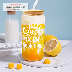Birthday Gifts for Women, Funny Happy Birthday Glass Cup Tumbler for her, Girlfriend, Friends, Wife, Mom, Bestie, Daughter, Sister, 18oz Clear Can Glass with Straw & Lid, Queens are Born in September