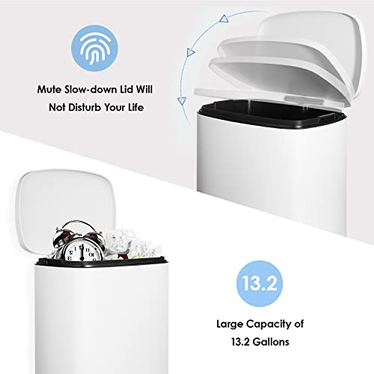 Increkid 13.2 Gallon Trash Can, Stainless Steel Kitchen Garbage Bin with Inner Buckets and Hinged Lid, Rectangular Step on Dustbin, Soft-Close, Airtight for Home Office Bathroom Mall（50 L） (White)