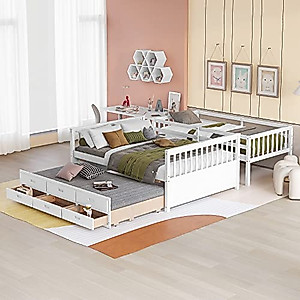 Harper & Bright Designs Twin Over Full Bunk Bed with Twin Size Trundle and 3 Storage Drawers, Separable Bunk Beds Twin Over Full Size, Wood Bunk Bed Frame for Kids Teens Boy & Girls (White)